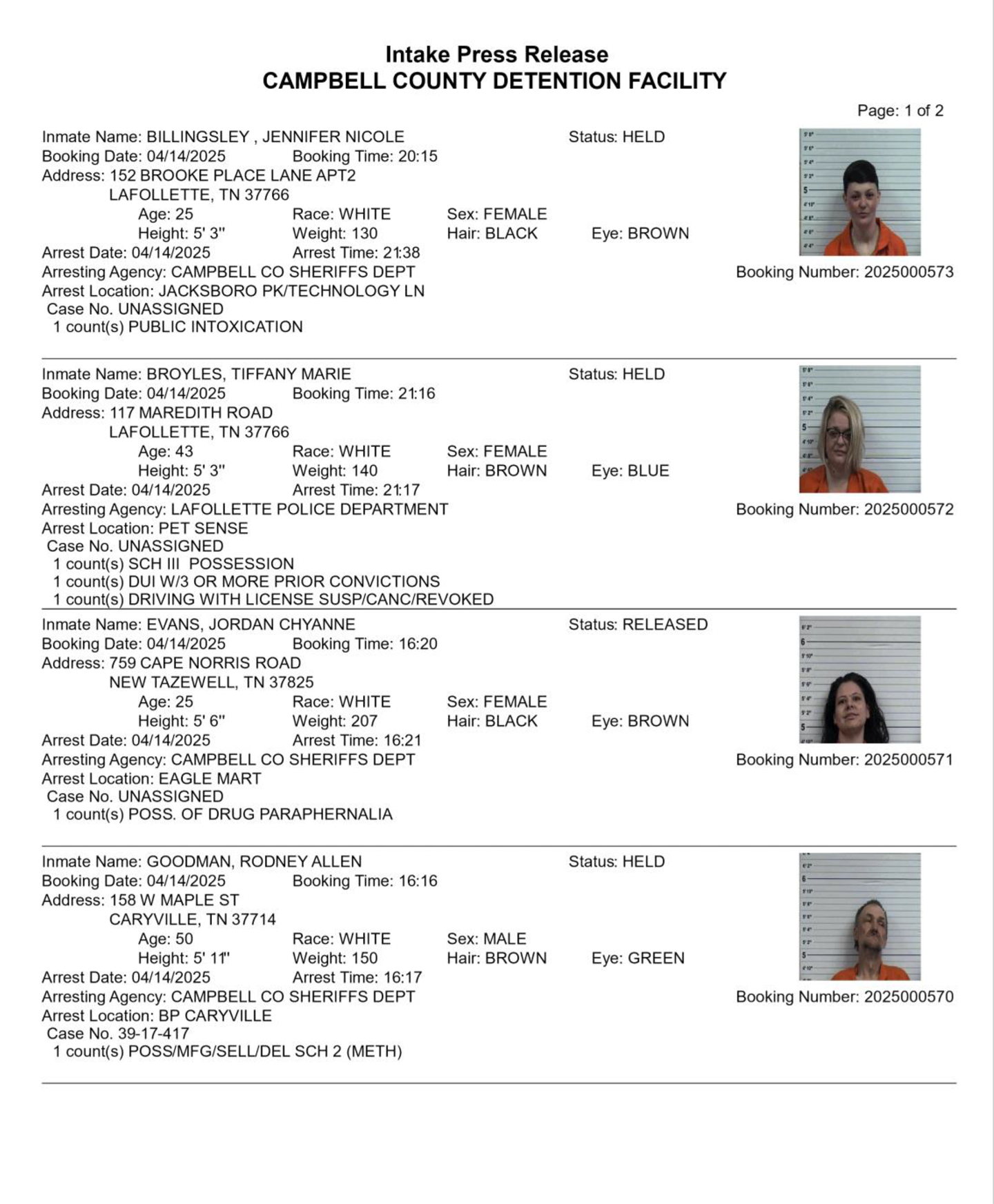 7 Names on Tue., Apr. 15, 2025, B.C. Bonding Arrest Report - WLAF