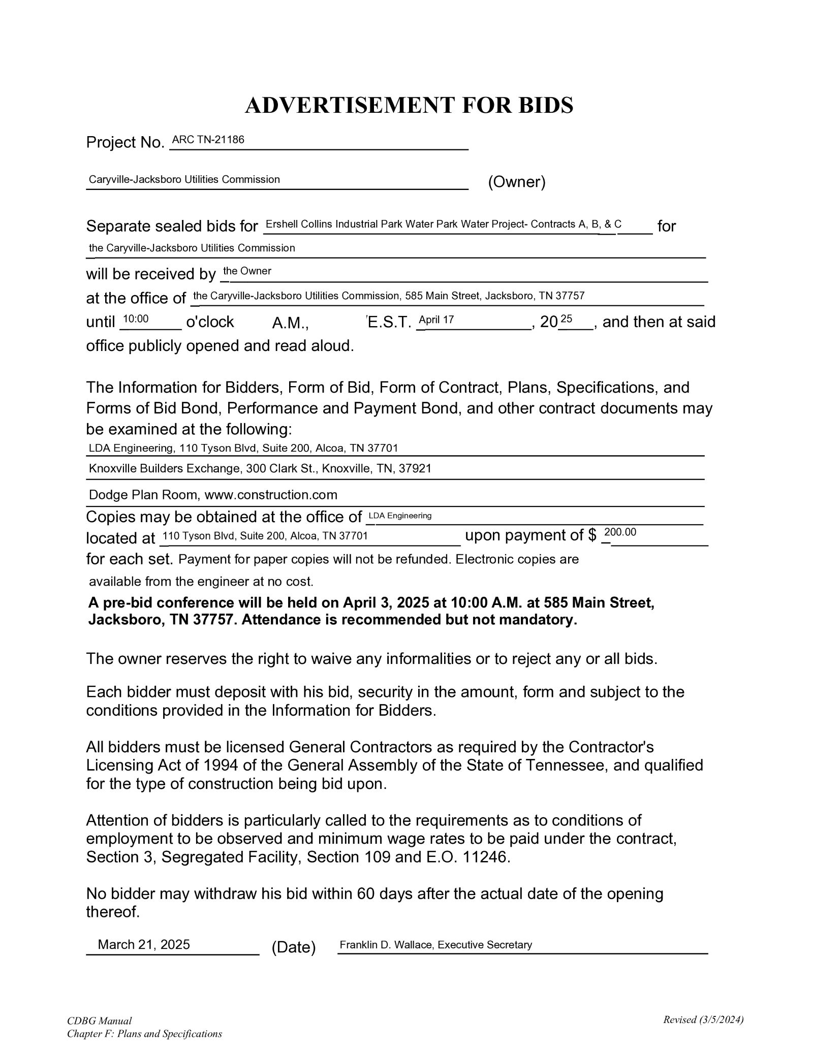 CJUC seeking bids for water project at Ershell Collins Industrial Park ...