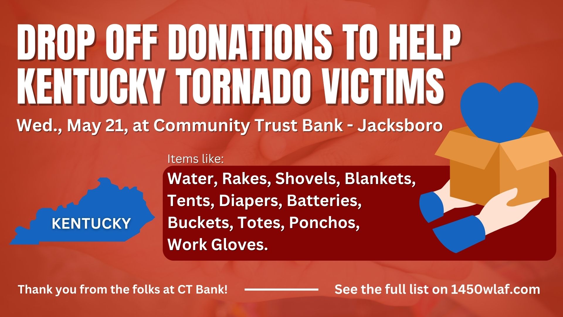 Drop off donations for tornado victims at CT Bank Jacksboro - WLAF