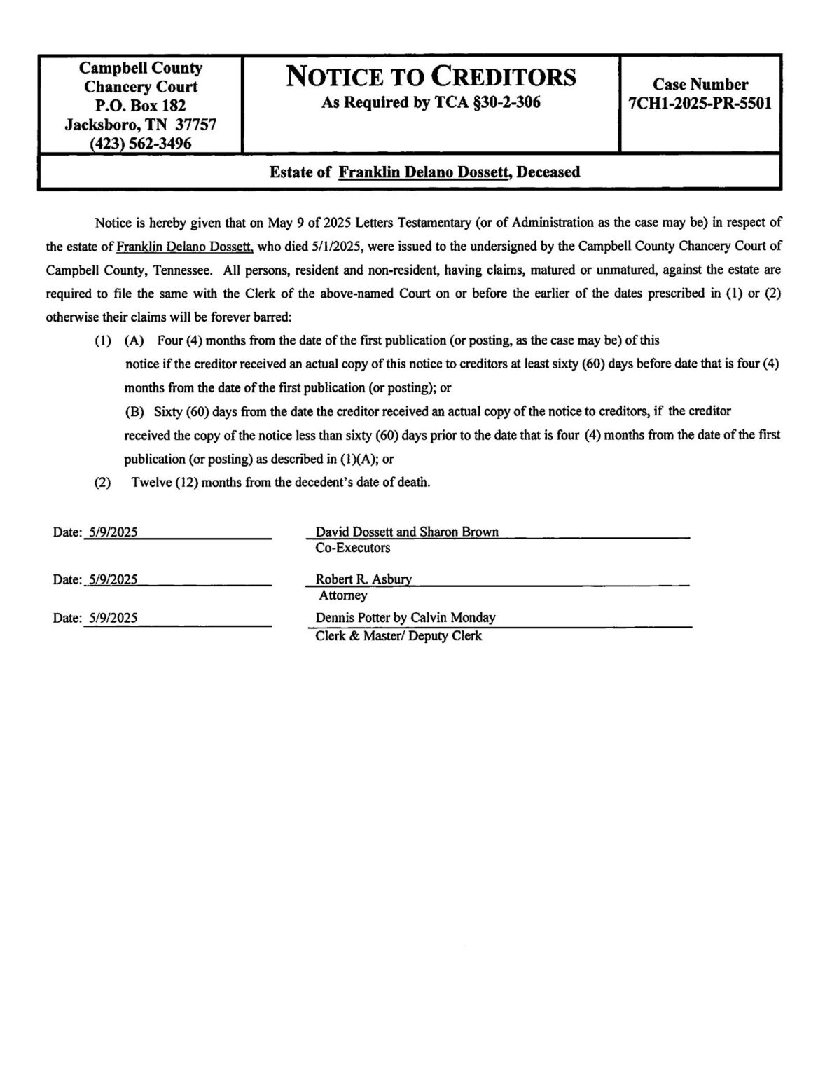 Notice in estate of Franklin Delano Dossett - WLAF