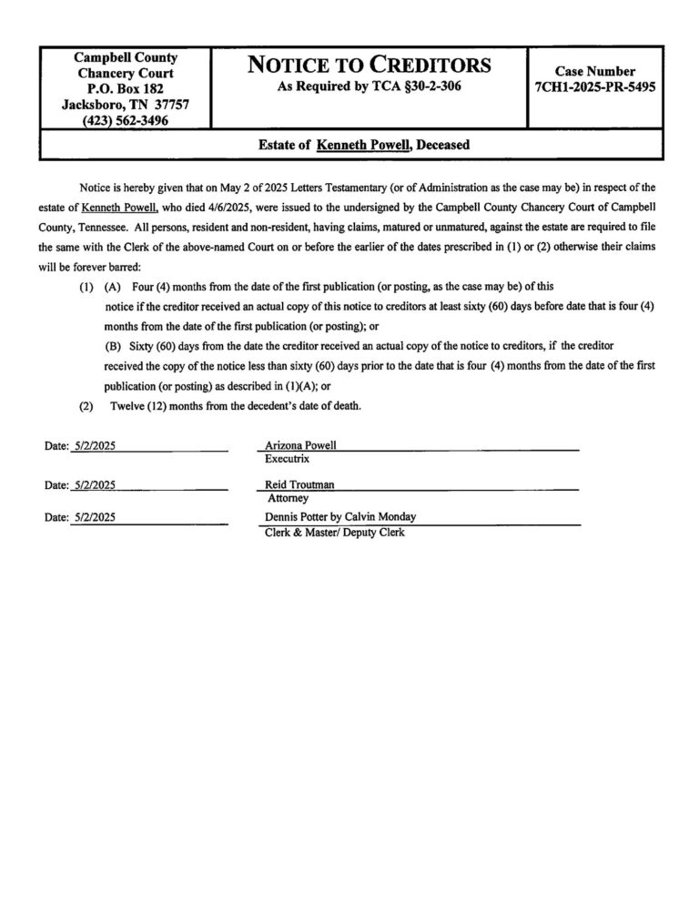 Notice given in estate of Kenneth Powell - WLAF