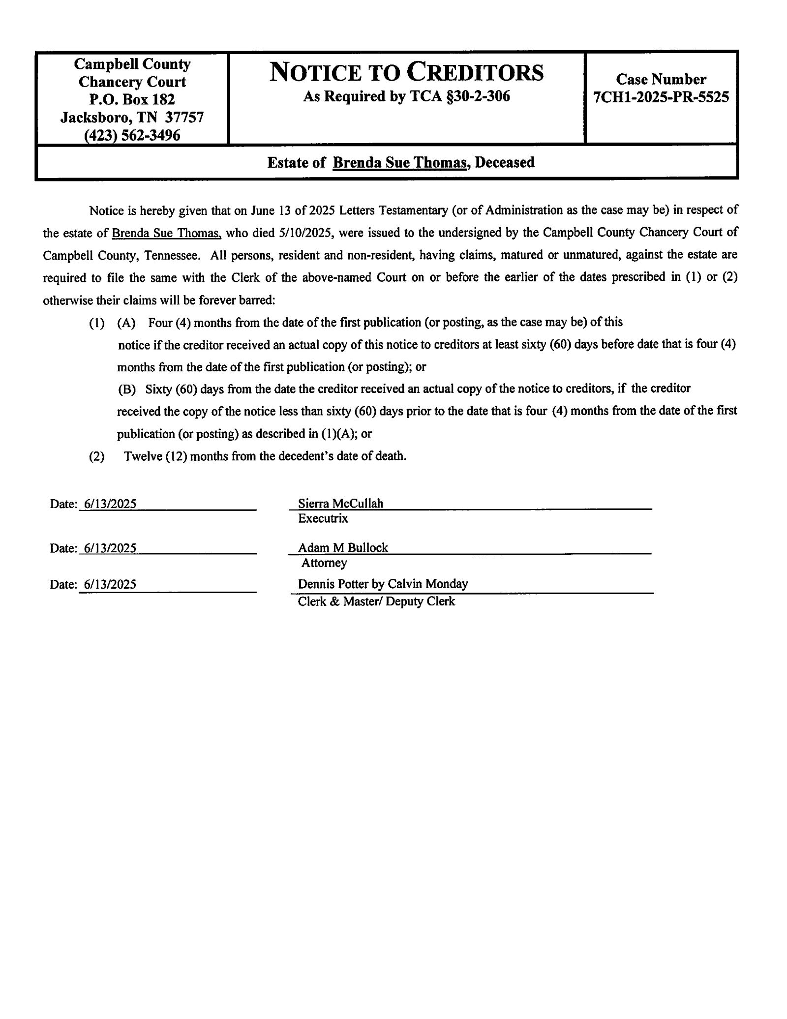 Notice given in estate of Brenda Sue Thomas - WLAF