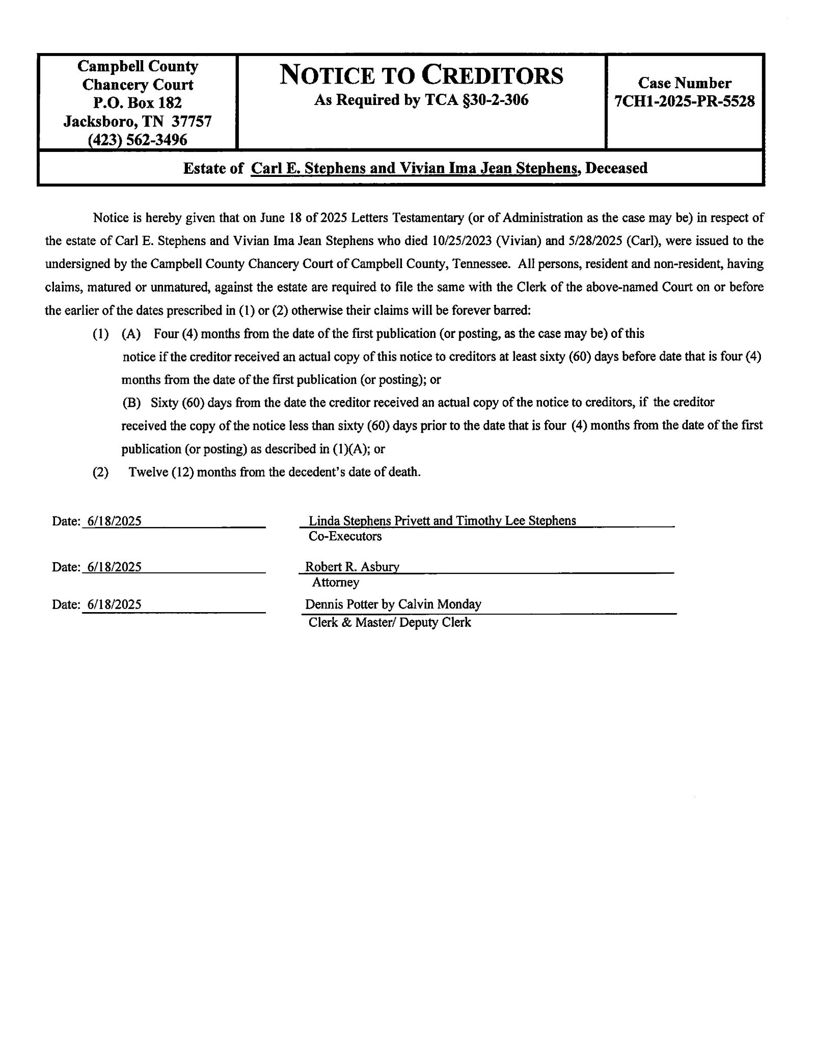 Notice given in estate of Carl E. Stephens and Vivian Ima Jean Stephens ...