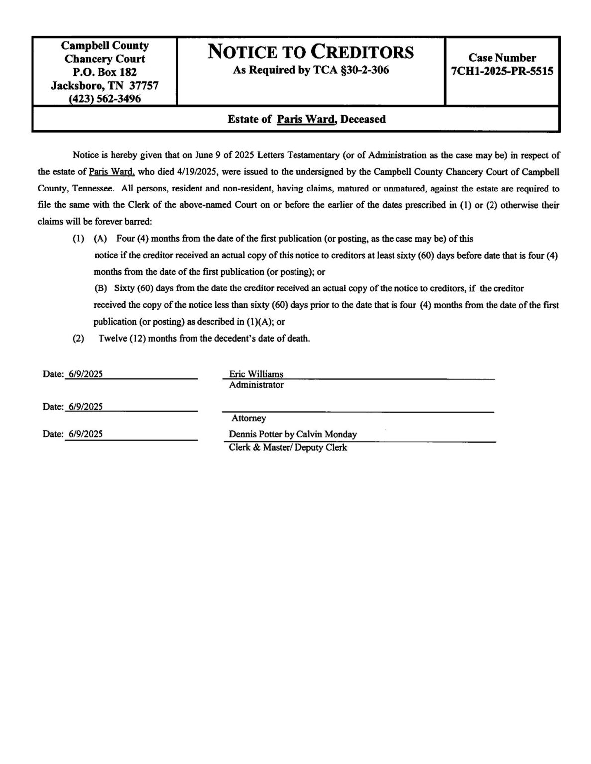Notice given in estate of Paris Ward – WLAF