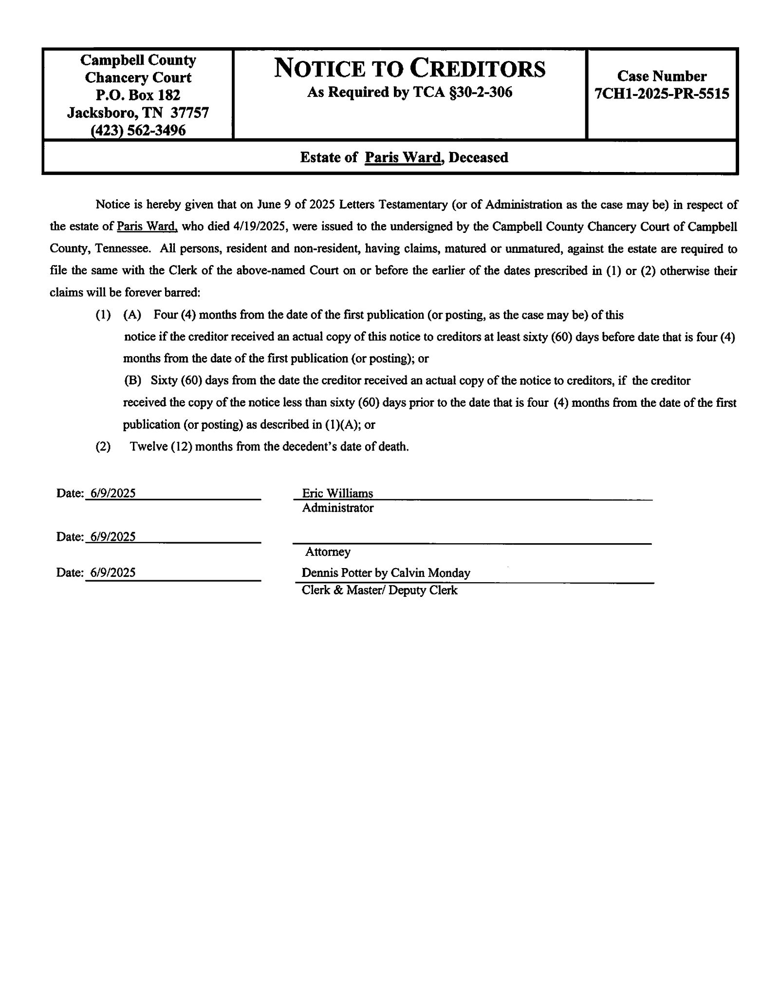 Notice given in estate of Paris Ward – WLAF