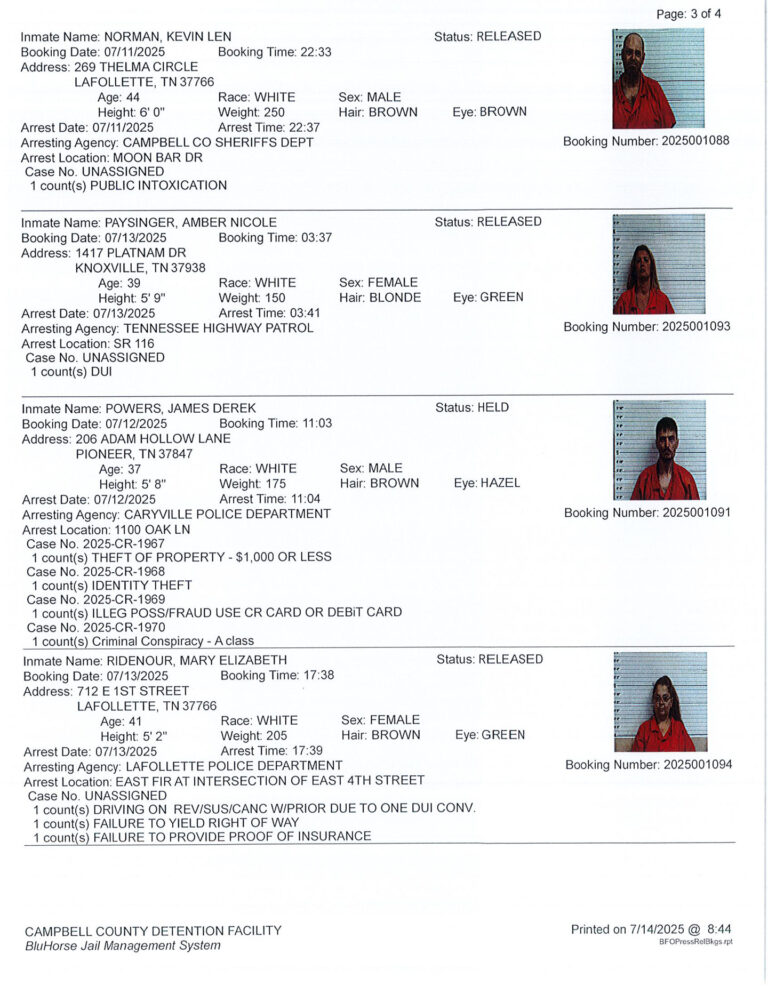 16 Names on Mon., July 14, 2025, B.C. Bonding Arrest Report. B.C ...