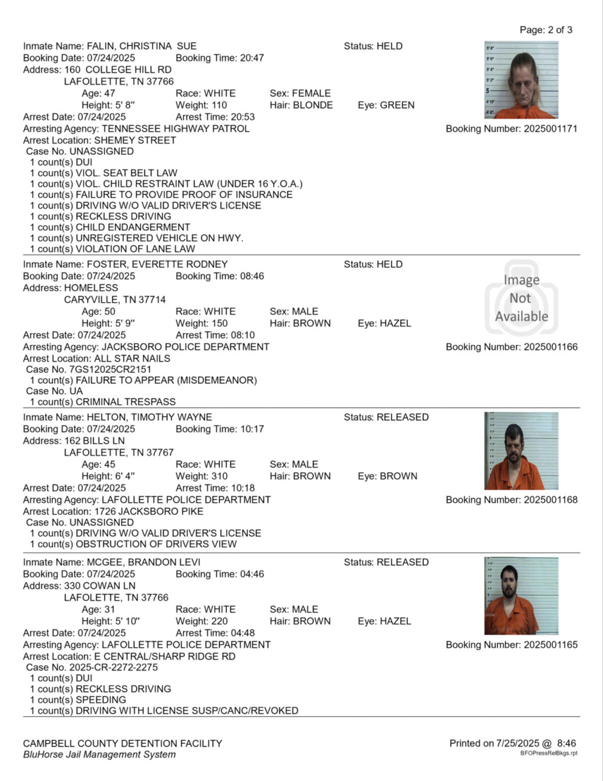11 Names on Fri., July 25, 2025, B.C. Bonding Arrest Report. B.C. Bonding 423-563-0065. - WLAF