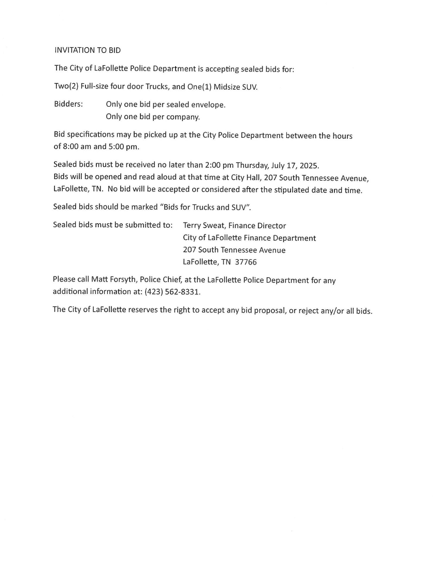 LaFollette seeking bids for two trucks, one SUV - WLAF