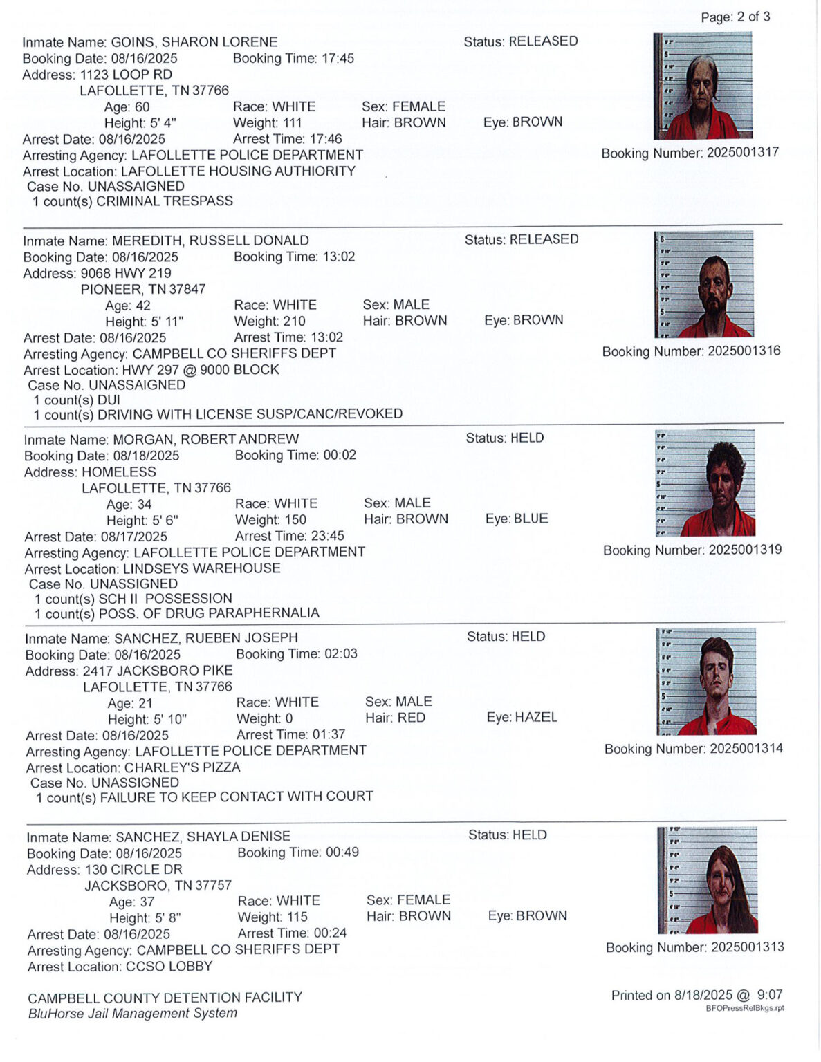 11 Names on Mon., Aug. 18, 2025, B.C. Bonding Arrest Report. B.C ...