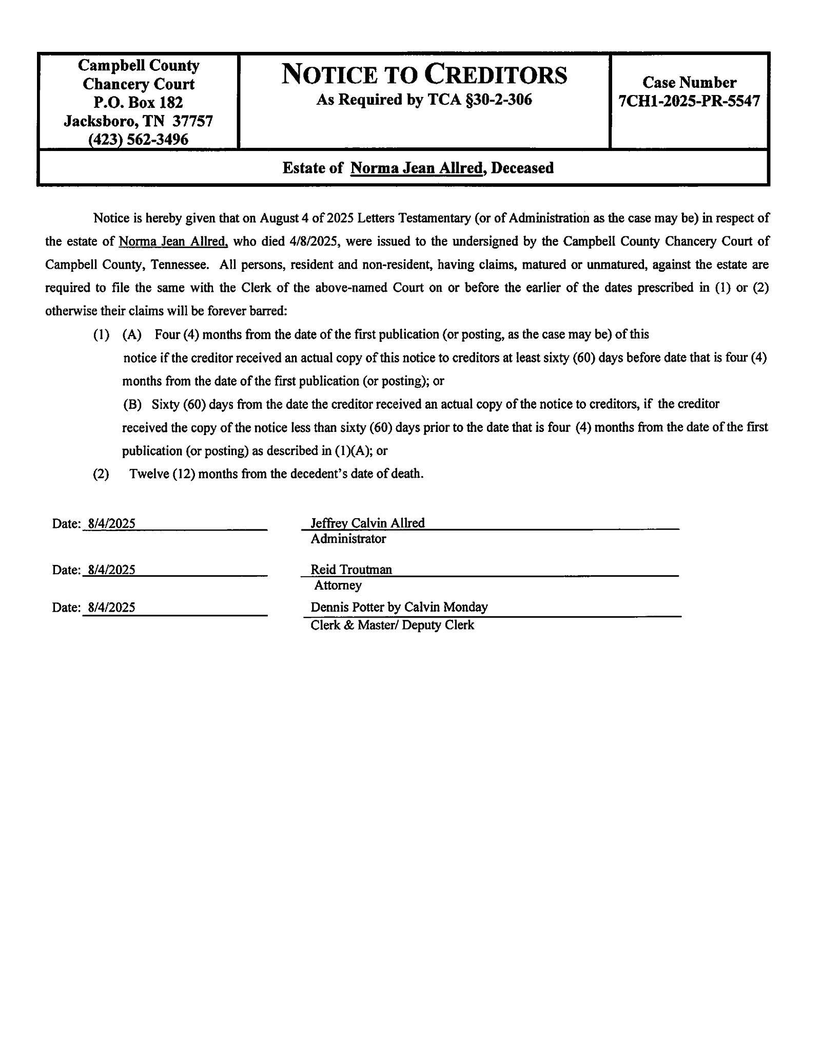 Notice given in estate of Norma Jean Allred – WLAF