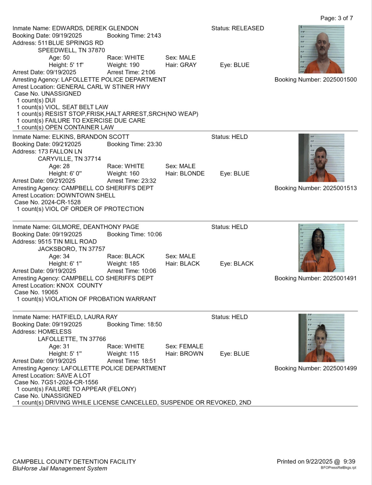 25 Names on Mon., Sept. 22, 2025, B.C. Bonding Arrest Report. B.C ...