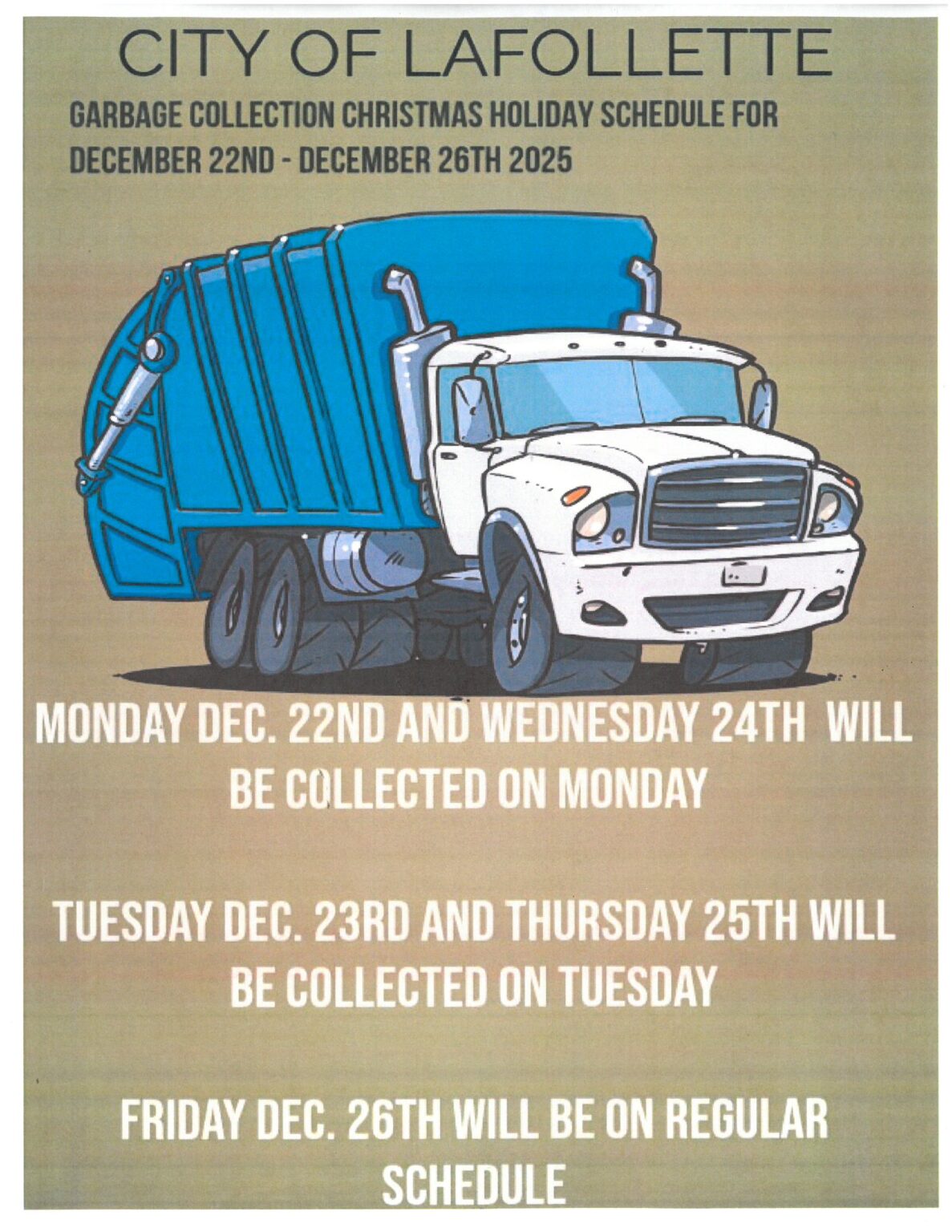 City of La Follette announces holiday garbage pick up schedule – WLAF