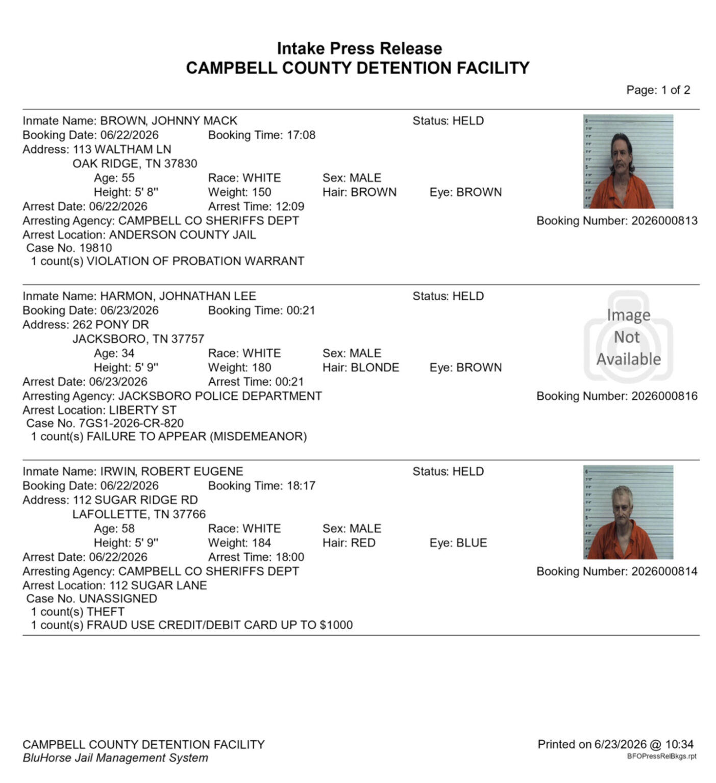 Six Names on Tue., June 23, 2026, B.C. Bonding Arrest Report. B.C ...